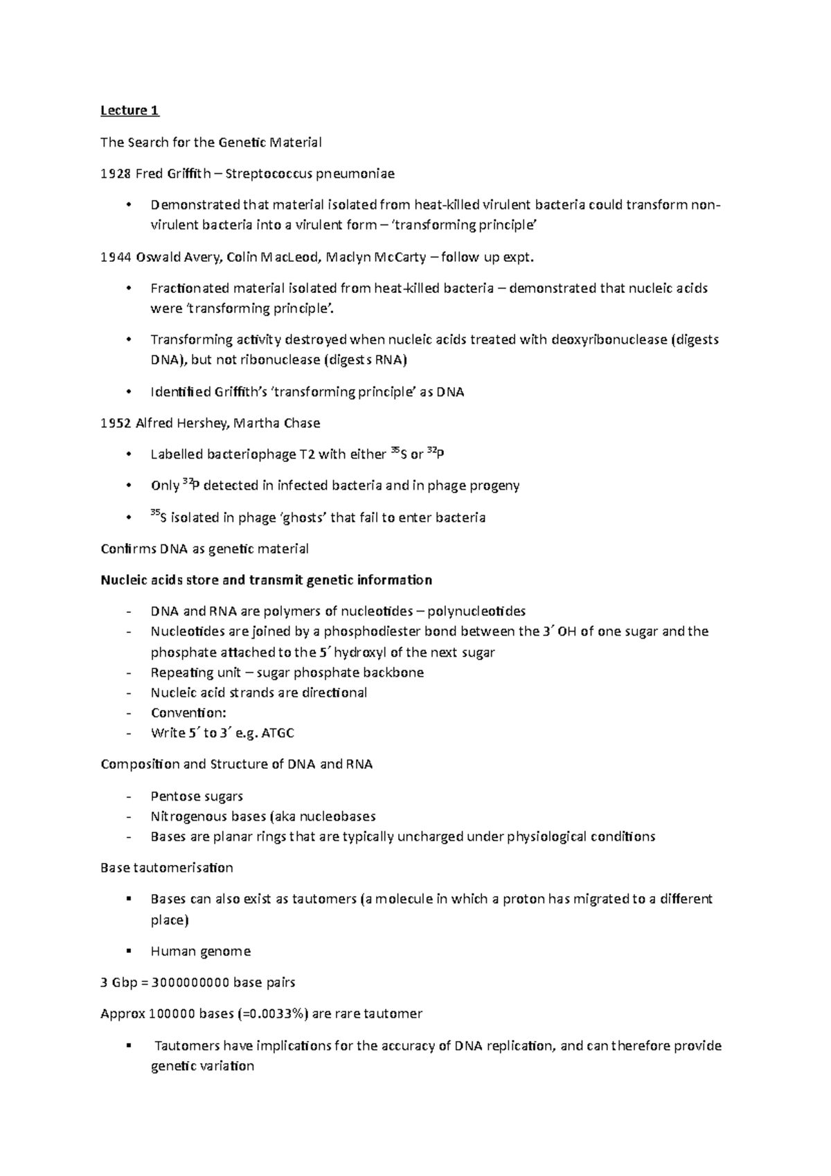 Lecture 1 - Lecture 1 The Search for the Genetic Material 1928 Fred ...