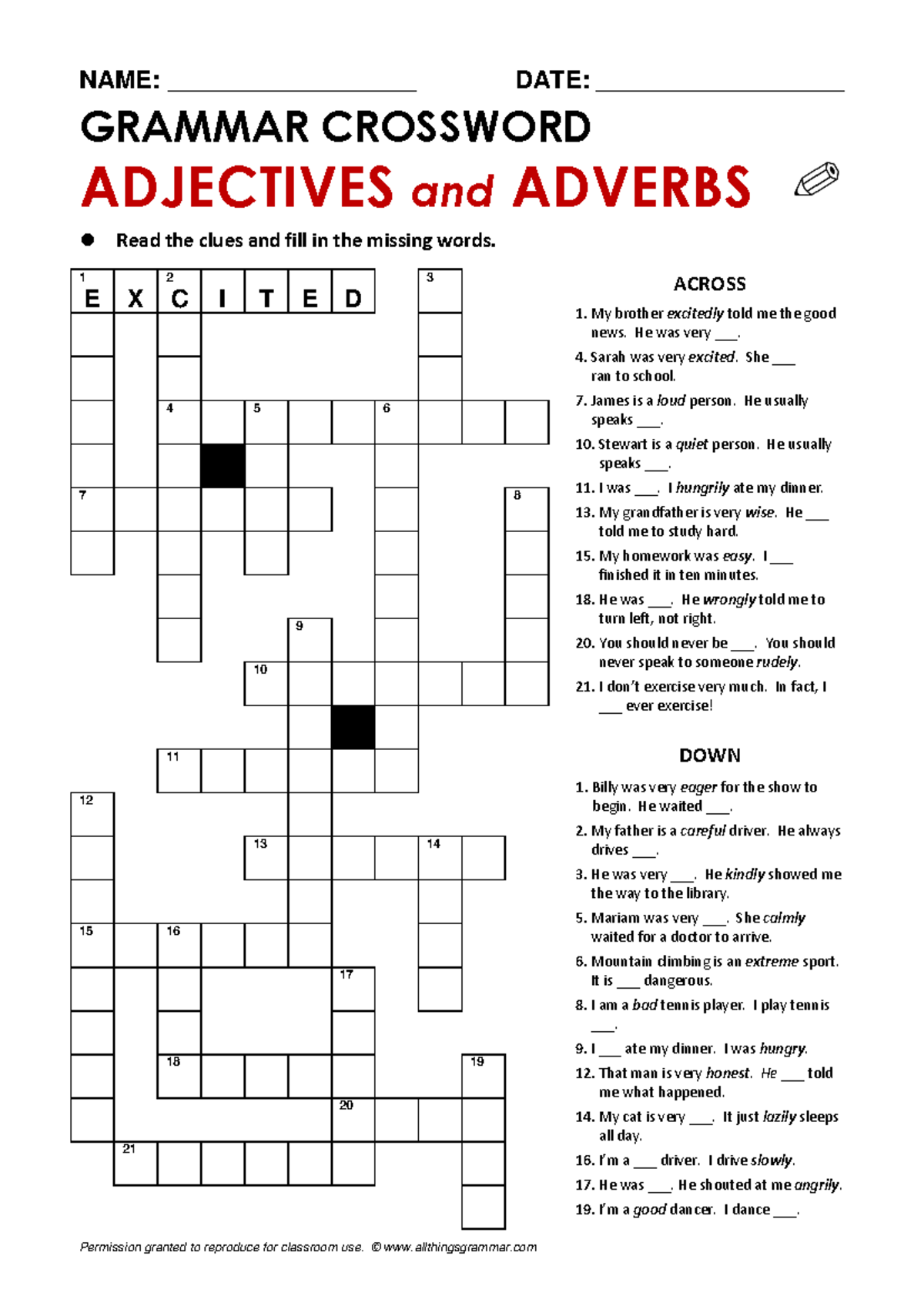 Adjectives Adverbs Crossword - NAME: ________________________ DATE