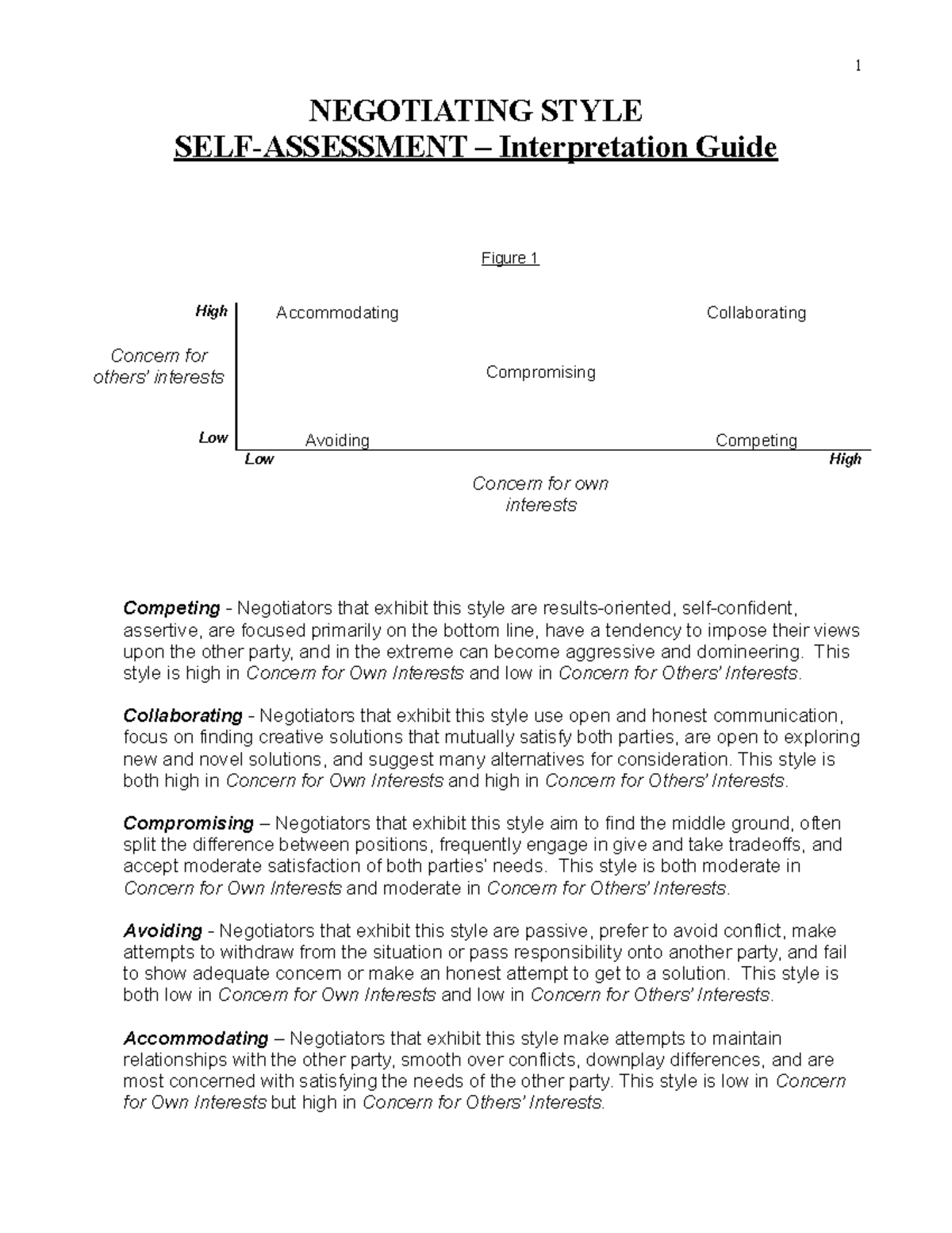 Style Interpretation Guide Negotiating Style Self Assessment