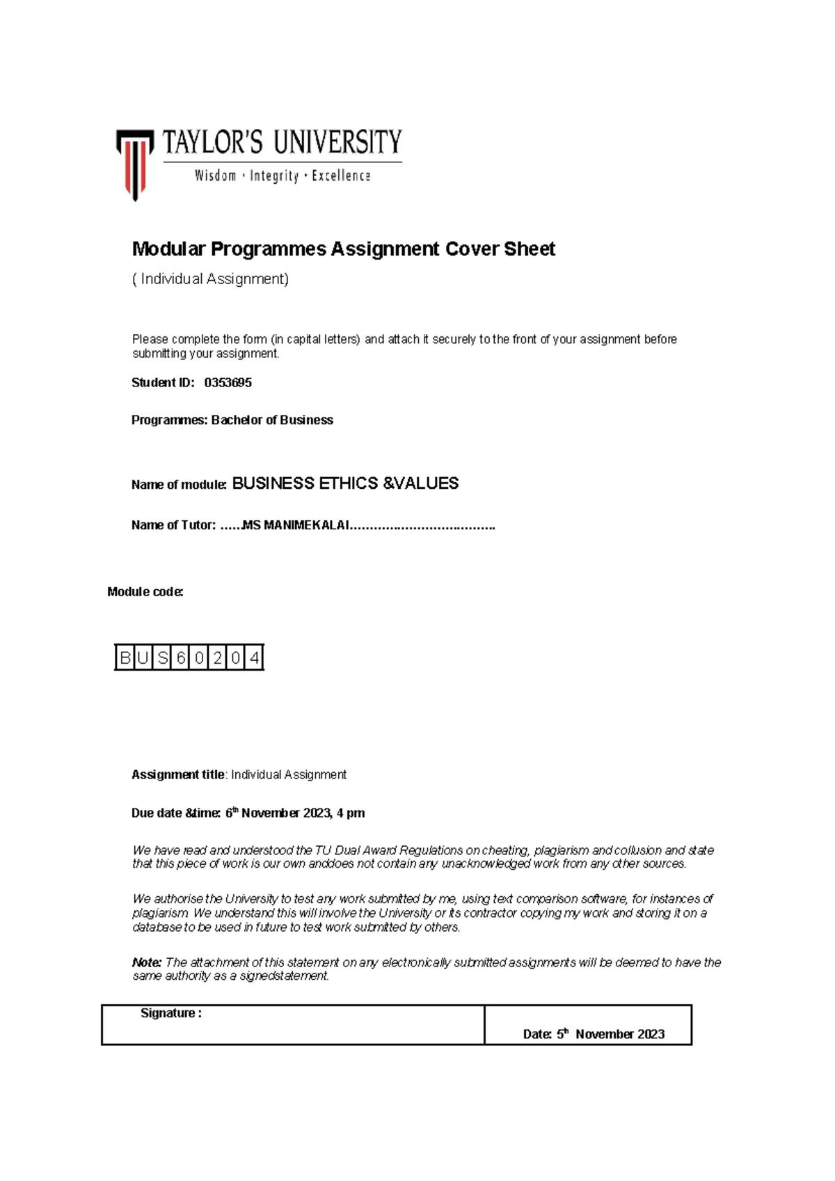 Business ethic and values - individual assignment - Modular Programmes ...
