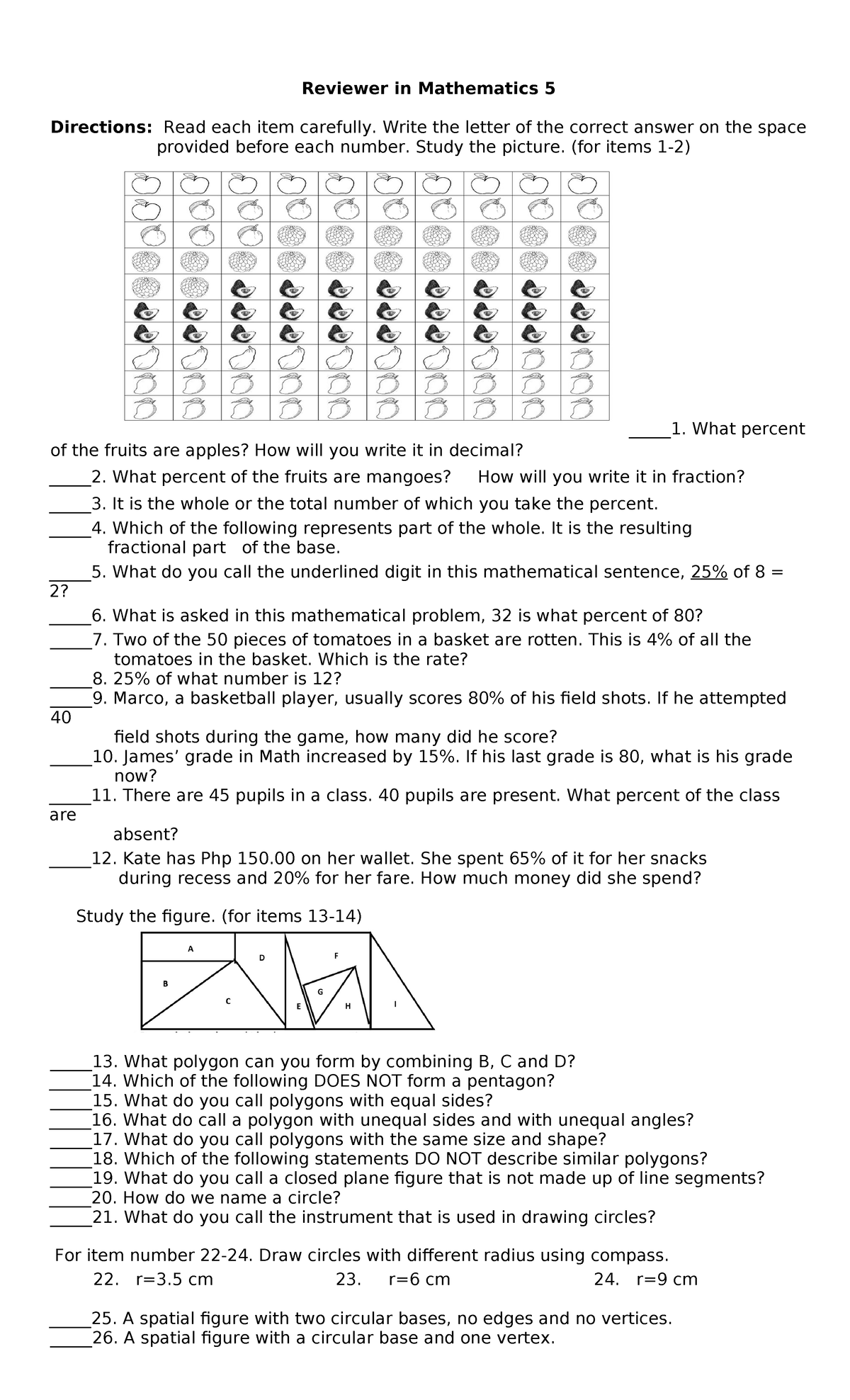 Review Test in Math 5 - NOTES - Reviewer in Mathematics 5 Directions ...