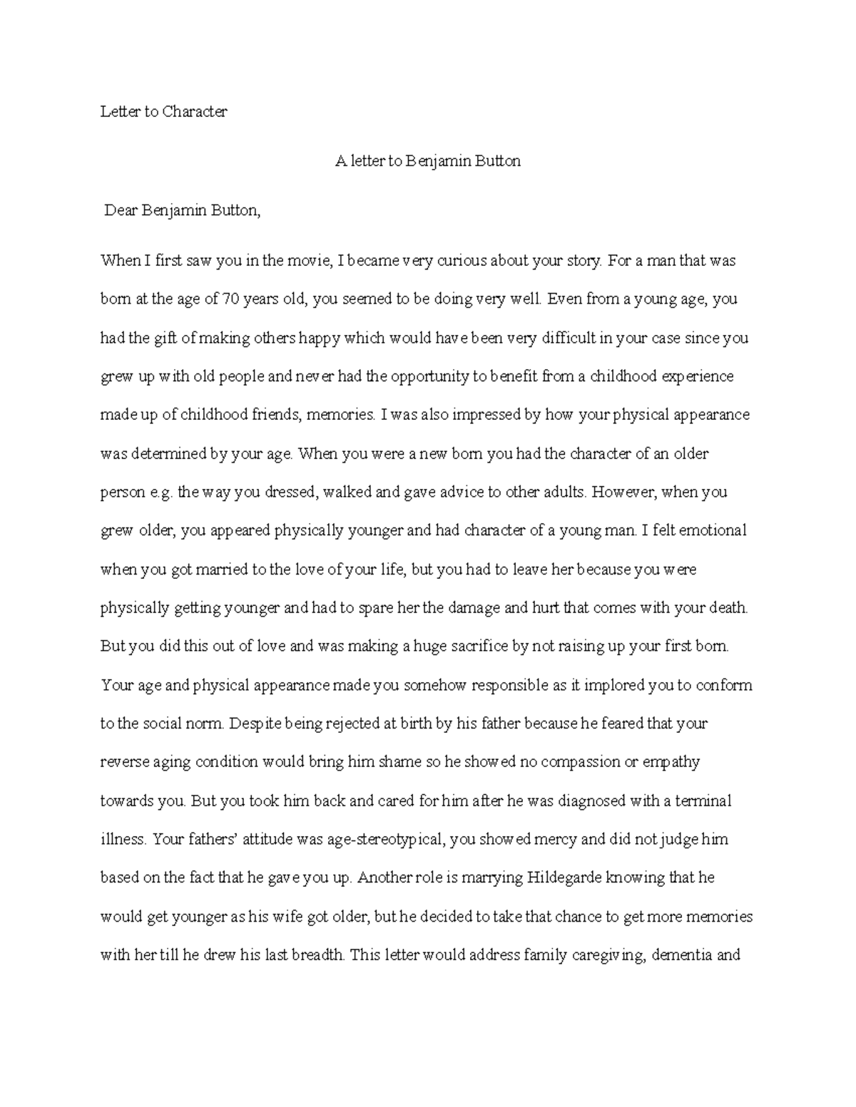 Letter to Character - The assignment is 10 pages long. - Letter to ...