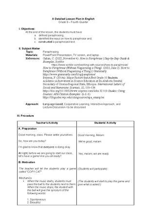 Detailed Lesson Plan in English 10 Paraphrase Edited - A Detailed ...