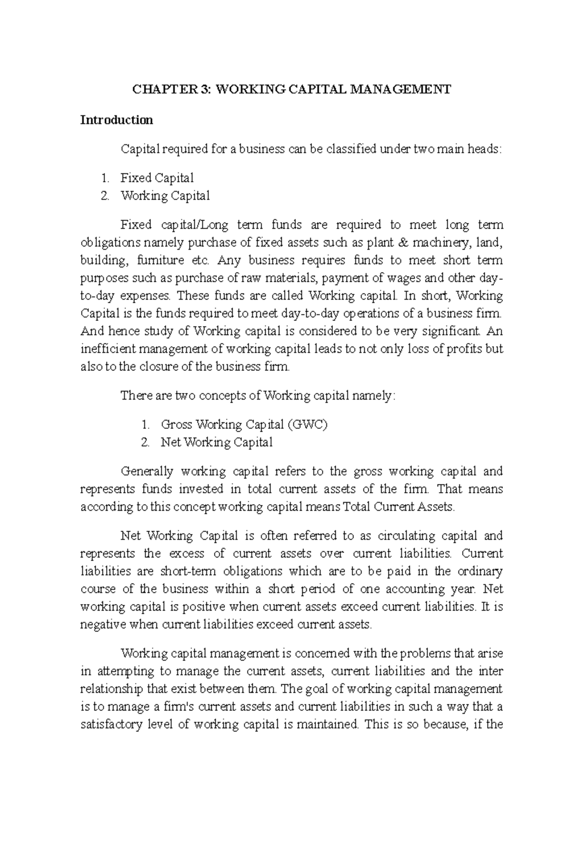 Summary Notes 3: Working Capital Management - CHAPTER 3: WORKING ...