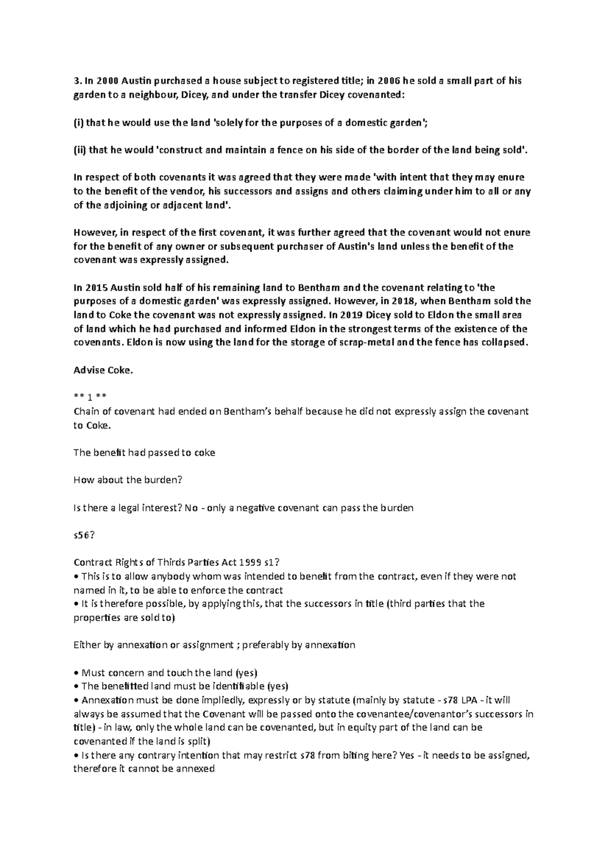 Land Law Tutorial Question - Freehold Covenants - 3. In 2000 Austin ...