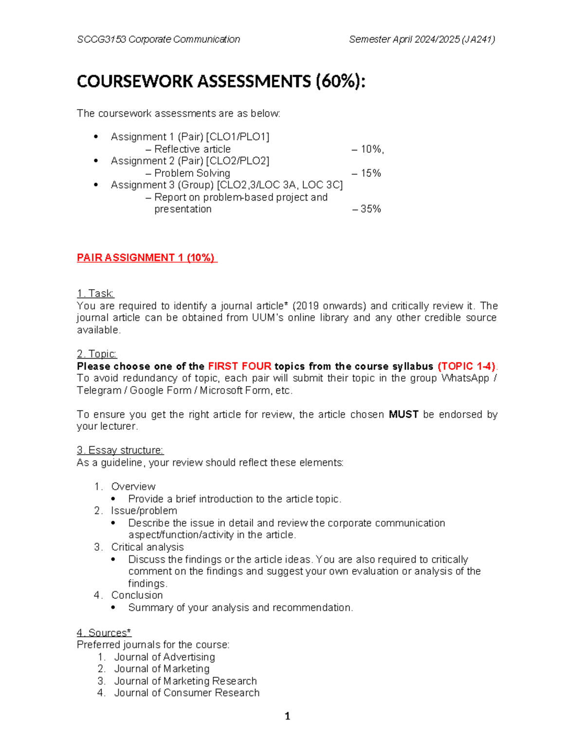 JA241 SCCG3153 Assignments NT - COURSEWORK ASSESSMENTS (60%): The ...