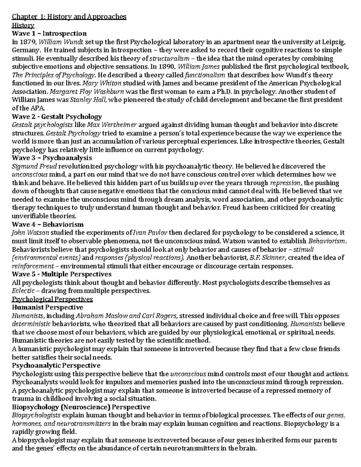 Psychology notes-1 - Good notes - Chapter 1: History and Approaches ...