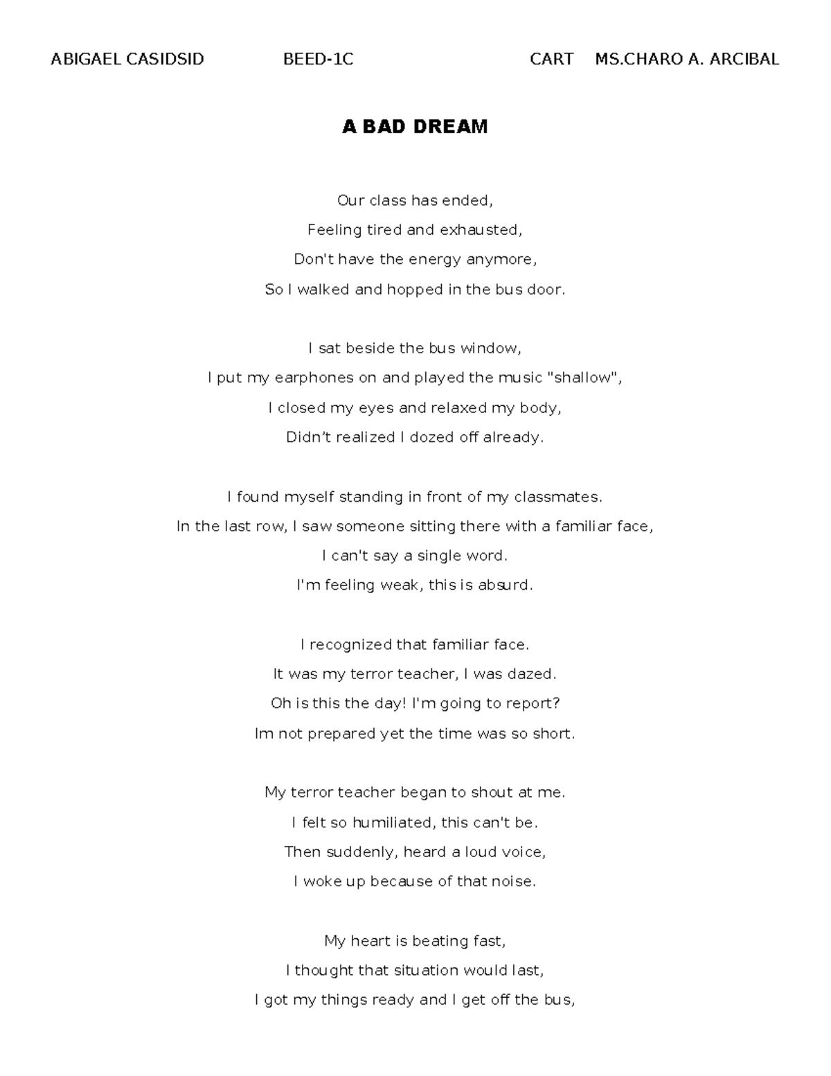 CART POEM - POEM - ABIGAEL CASIDSID BEED-1C CART MS A. ARCIBAL A BAD ...