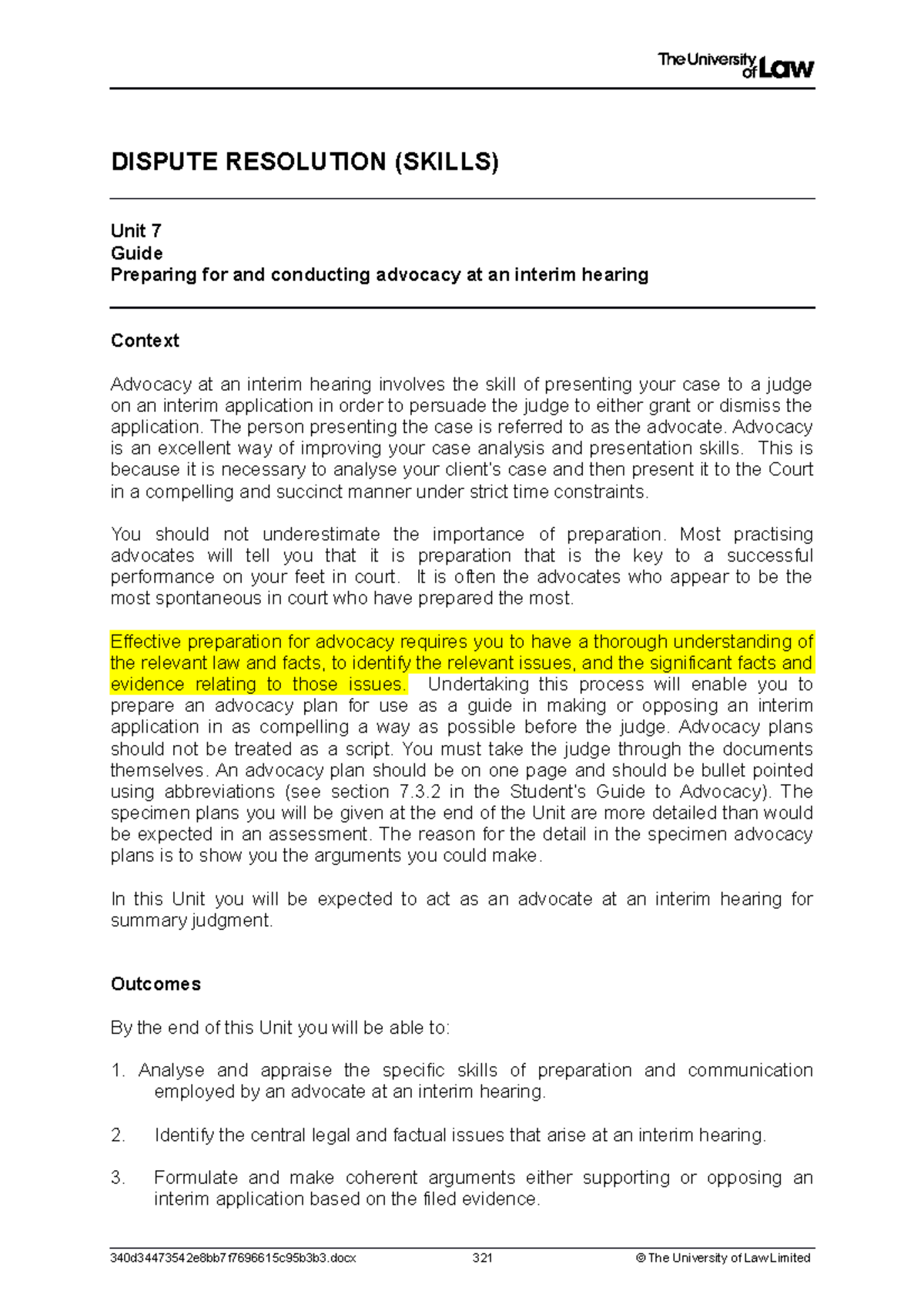 Workshop Guide - DISPUTE RESOLUTION (SKILLS) Unit 7 Guide Preparing for ...