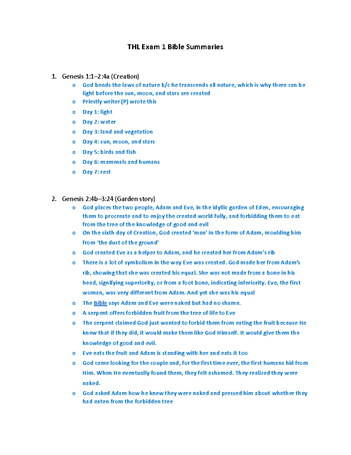 THL Exam 1 Bible Summaries - THL Exam 1 Bible Summaries 1. Genesis 1:1 ...