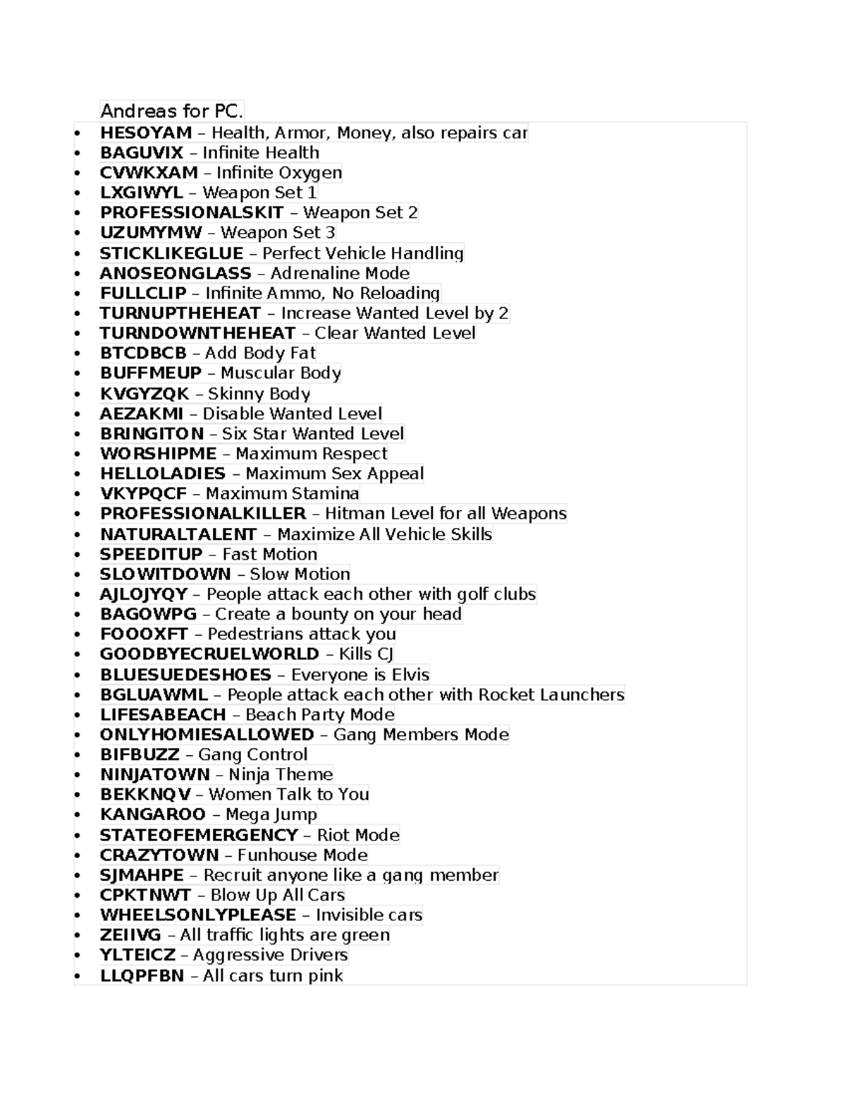 Andreas for PC cheatsi - Andreas for PC. HESOYAM – Health, Armor, Money ...