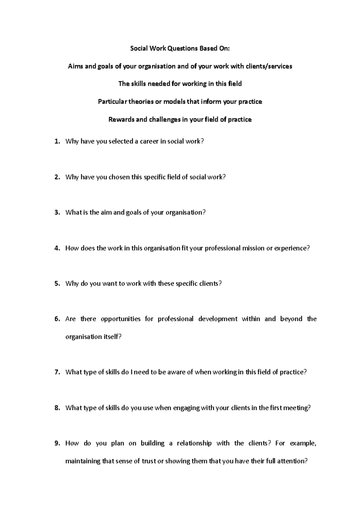 Social Work Questions - very helpful notes I like it it made me get a ...