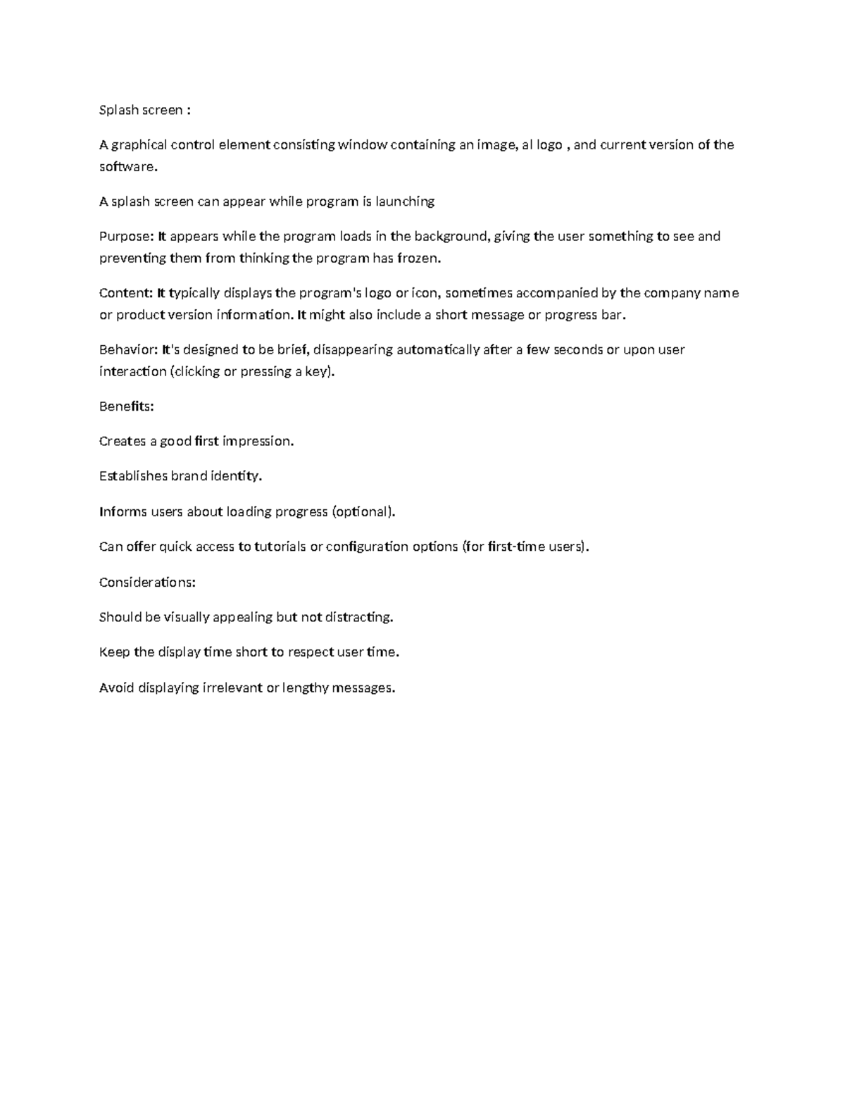 Cs408 notes - note on splash screen - Splash screen : A graphical ...