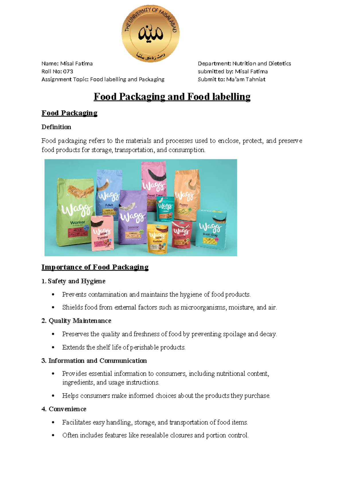 Food Packaging and Food labelling nnn - Name: Misal Fatima Department ...