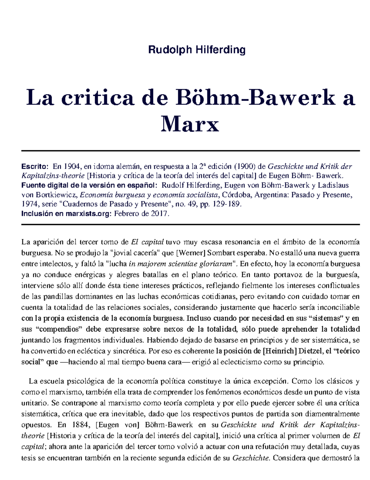Rudolph Hilferding - La critica de Bom Bawerk a Marx - Rudolph ...
