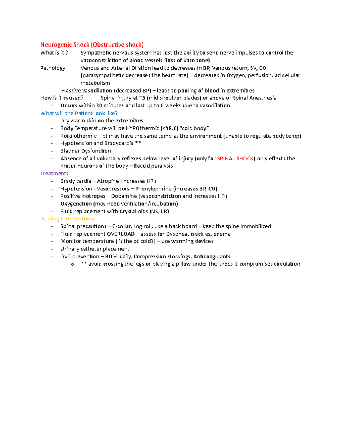Neurogenic shock - lecture notes - Neurogenic Shock (Obstructive shock ...