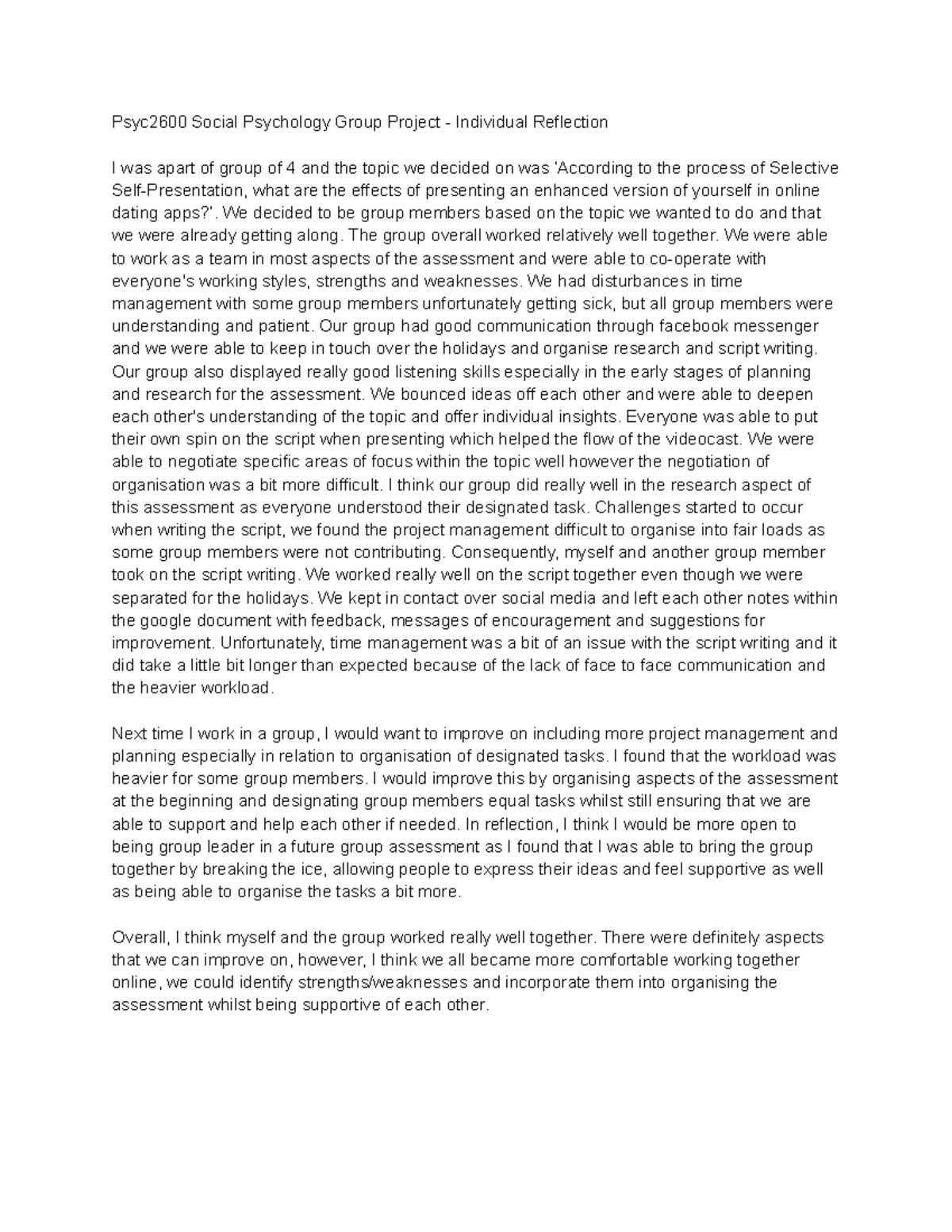 Psyc2600 Social Psychology Group Project - Individual Reflection - We ...