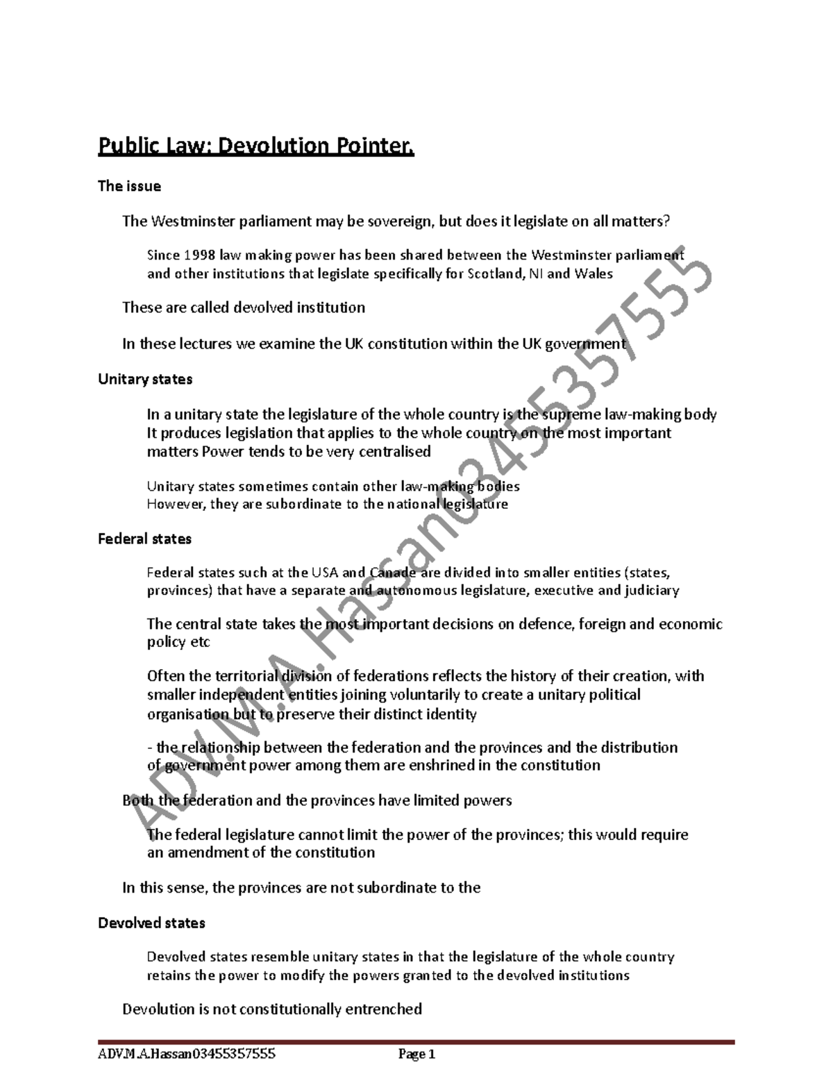 Devolution PL A.H1.doc - ADV.M.A Public Law: Devolution Pointer. The issue The Westminster - Studocu