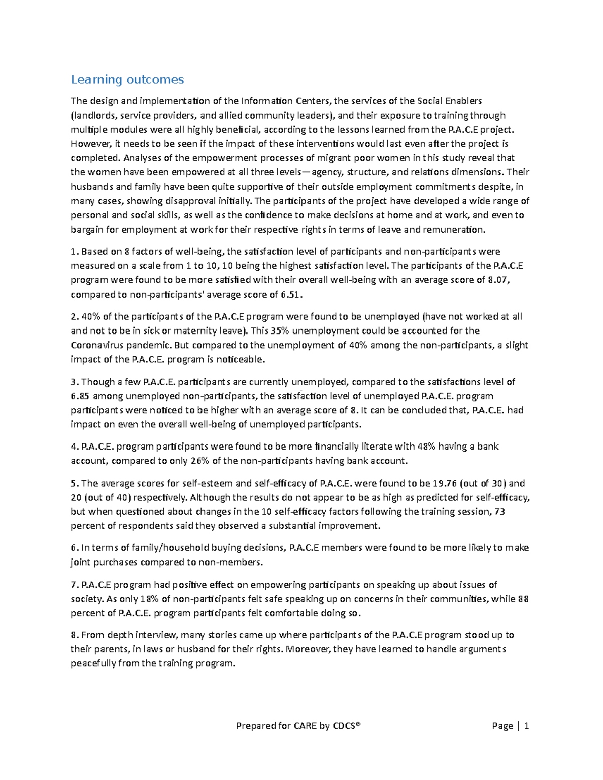 Learning outcomes of PACE at community pro - Learning outcomes The ...