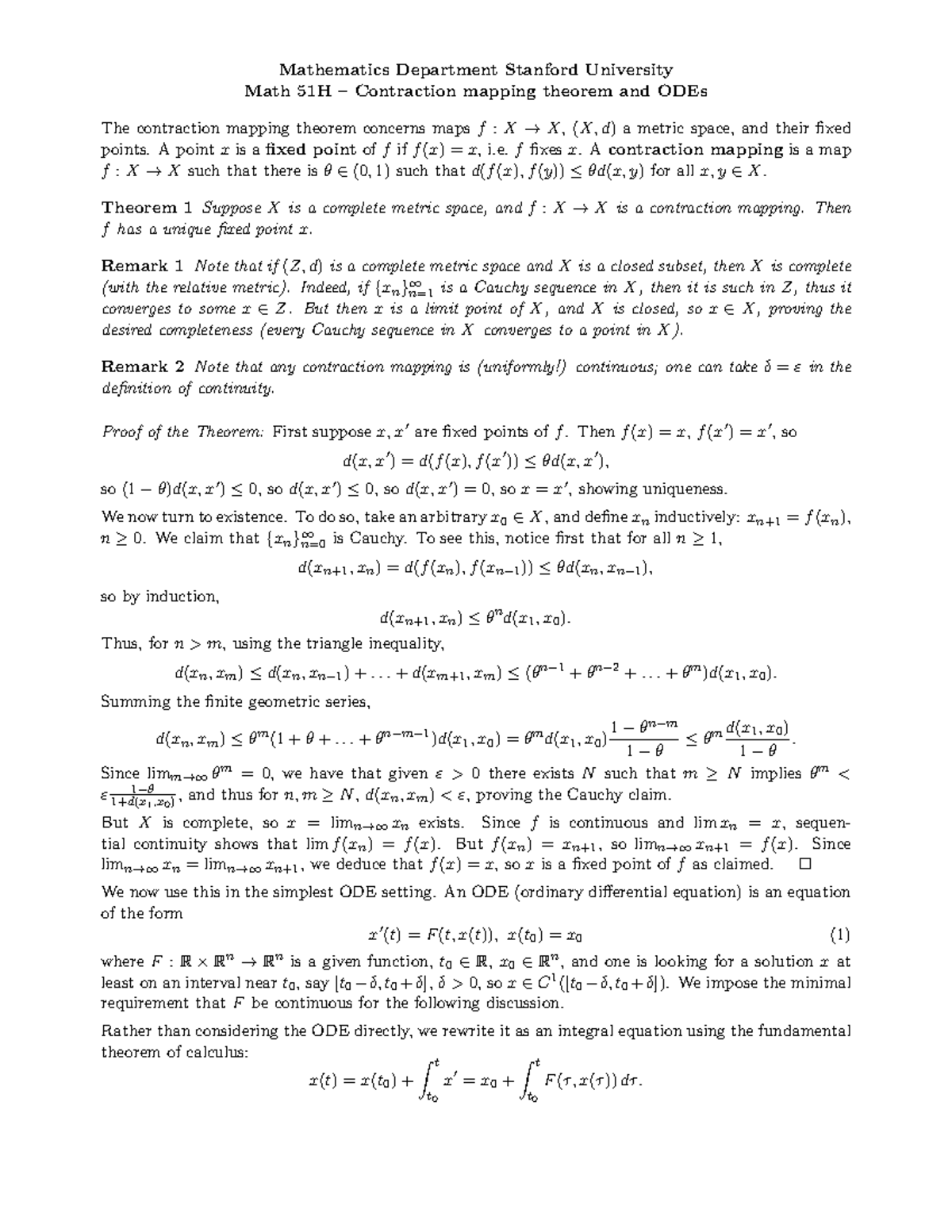 Lecture Notes Lecture Contraction Mapping Theorem And Odes