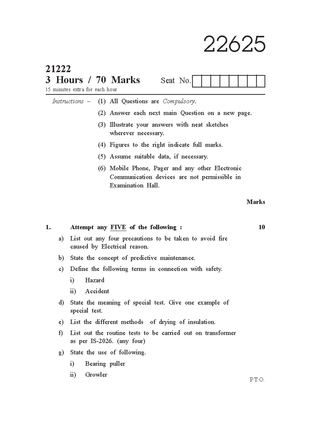 22625 - Question bank - 22625 Seat No. P.T. Instructions – (1) All ...