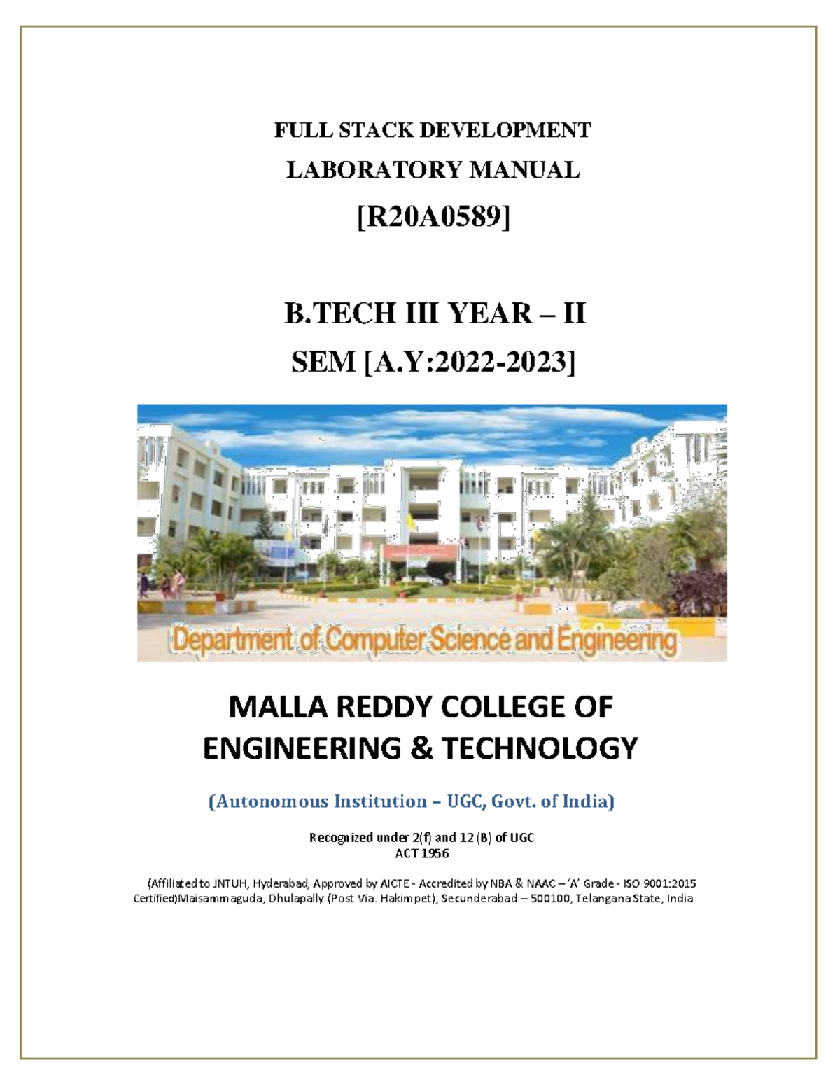 FULL Stack Development LAB - FULL STACK DEVELOPMENT LABORATORY MANUAL [R20A0589] B III YEAR – II ...