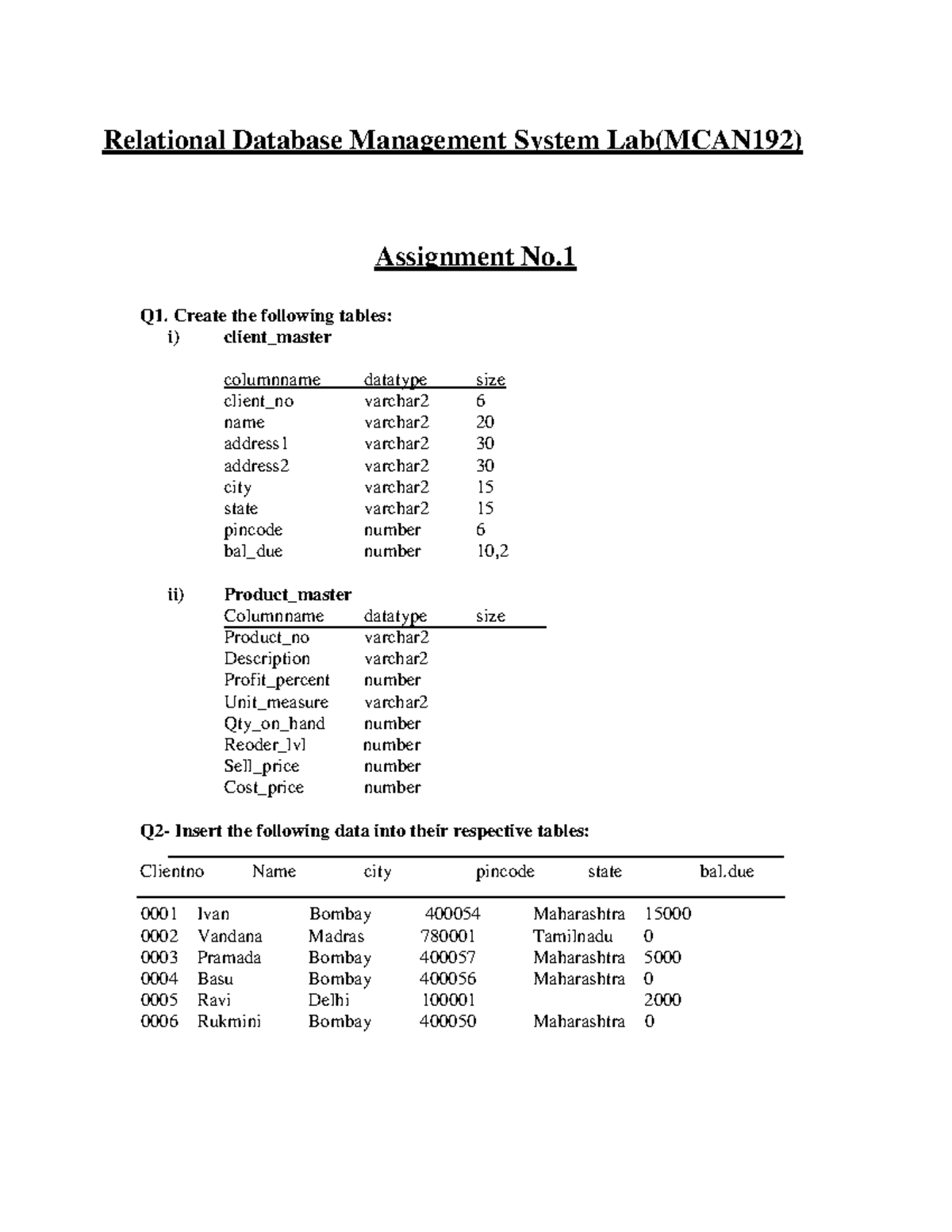 Assignment No1 - Relational Database Management System Lab(MCAN192) Assignment No. Q1. Create ...