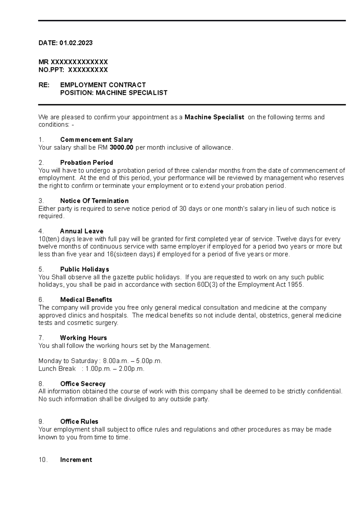 Sample- Employment Contract-G - DATE: 01. MR XXXXXXXXXXXXX NO ...