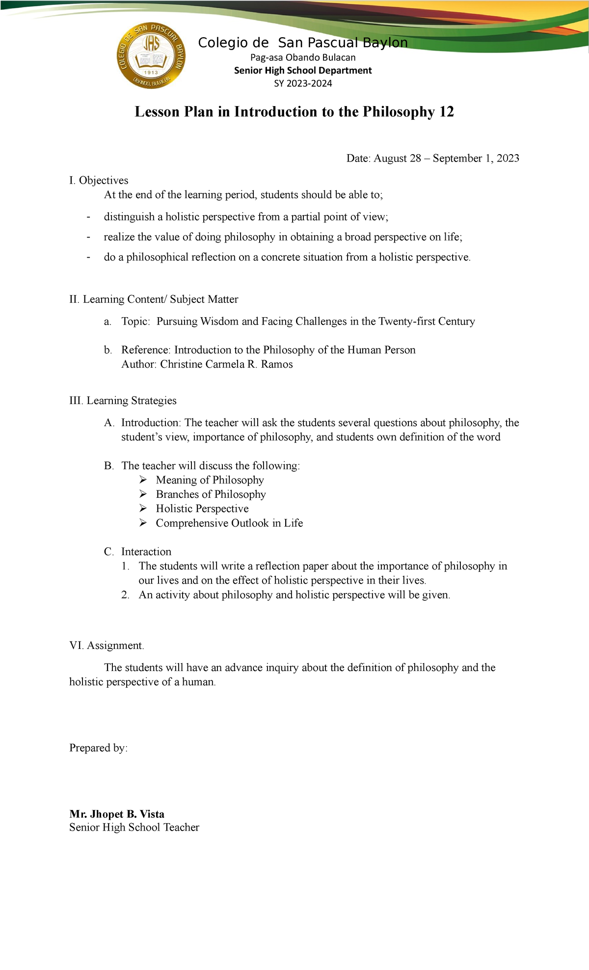 1. Intro to Philo Lesson Plan Pursuing Wisdom and Facing Challenges in ...