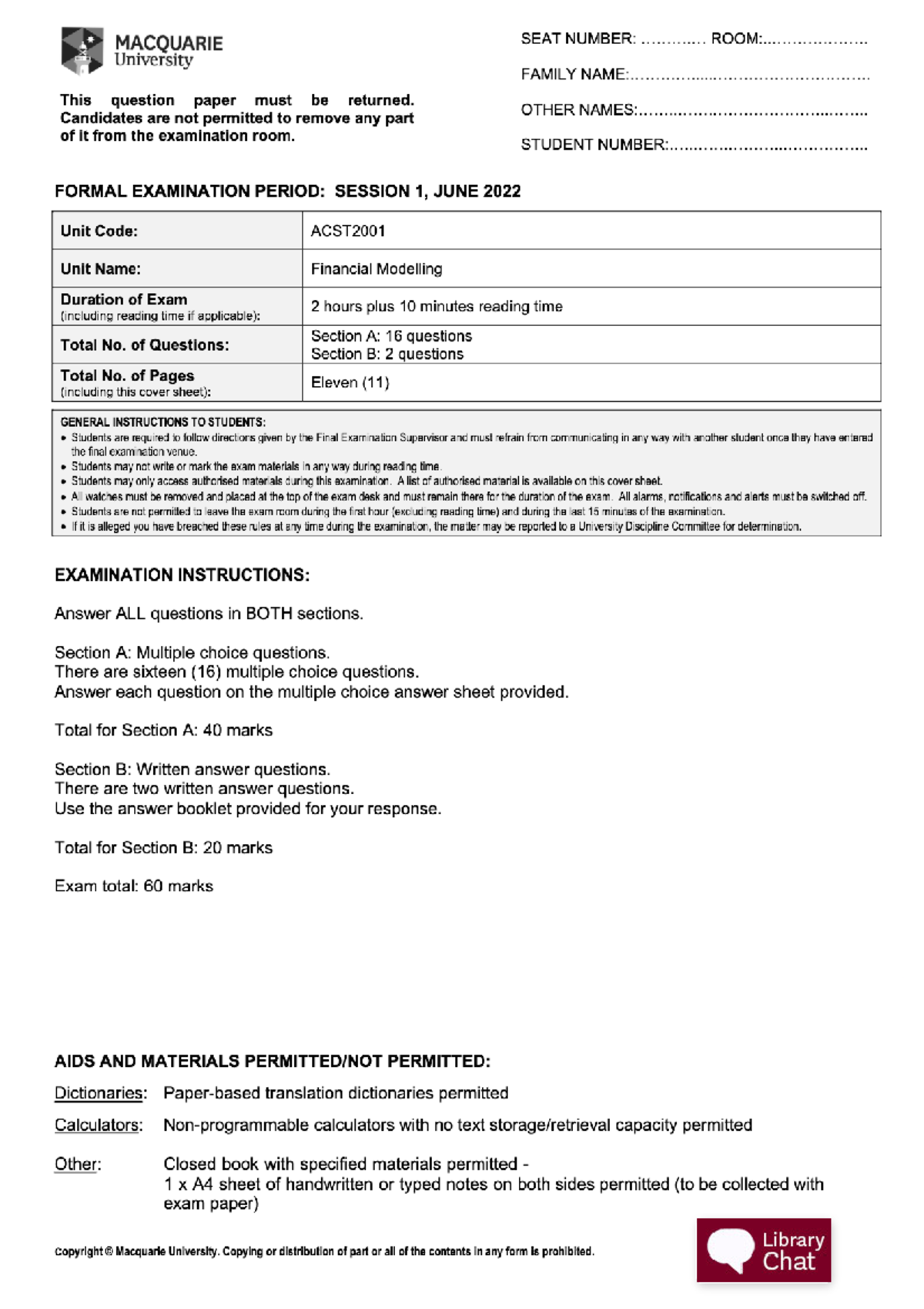 Final exam paper 2022 - practice questions - ACST201 - Studocu