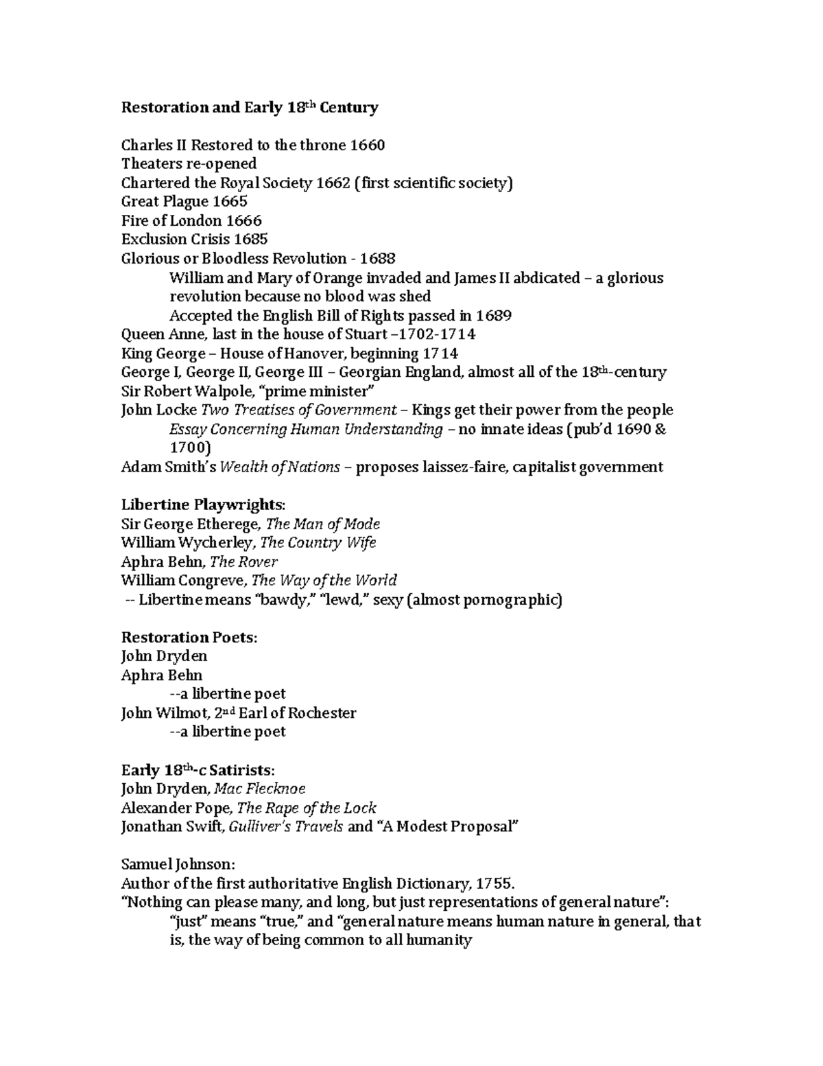 Summary - Restoration And Eighteenth Century - Restoration and Early ...