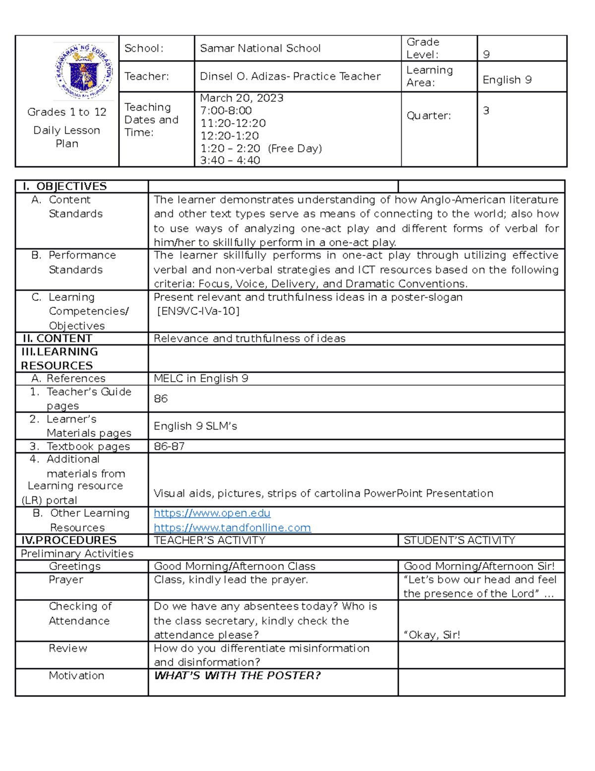March 20 Adizas Dinsel Detailed LP - Grades 1 to 12 Daily Lesson Plan ...