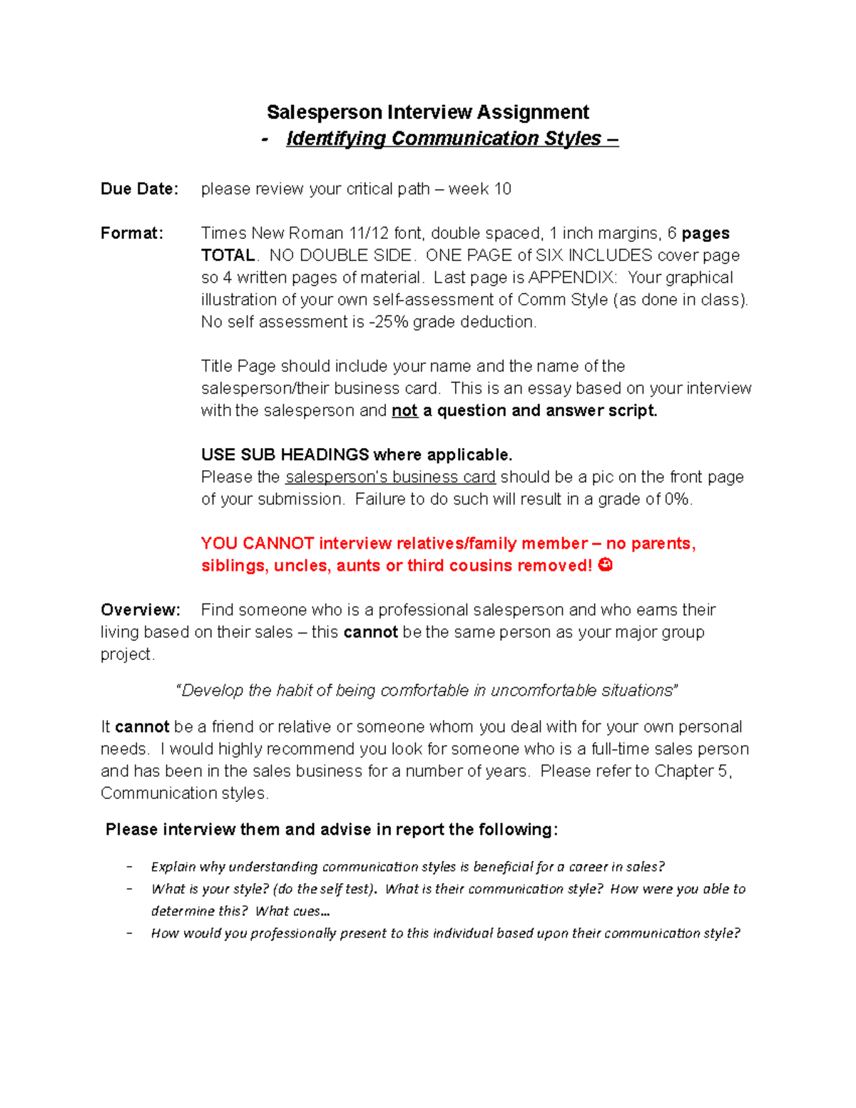 Salesperson Interview Individual Assignment - Communication Sty;es(1 ...