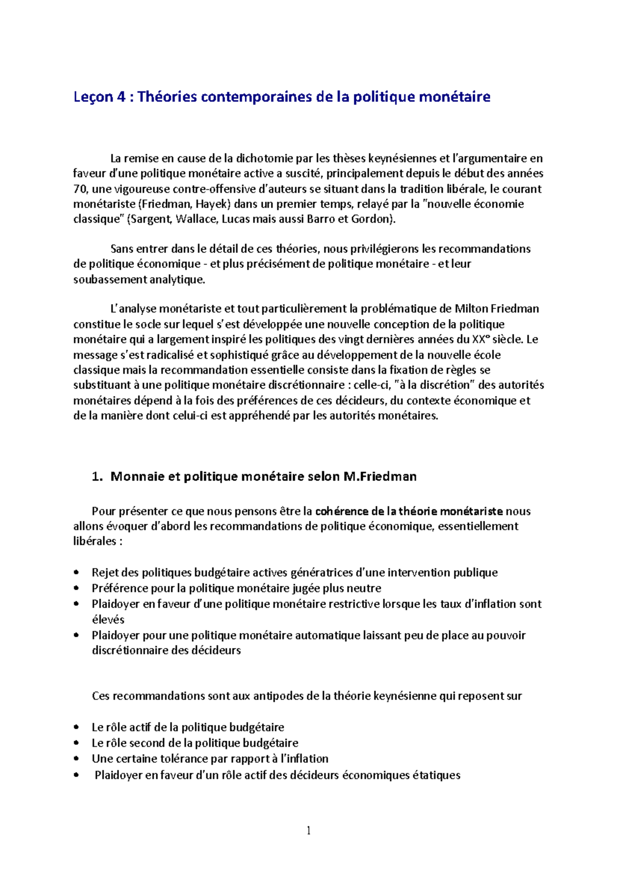 Lecon 4 les monétaristes - Leçon 4 : Théories contemporaines de la ...