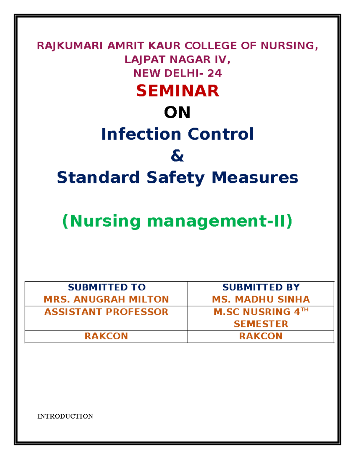 Infection Control & Standard Safety Measures - RAJKUMARI AMRIT KAUR ...
