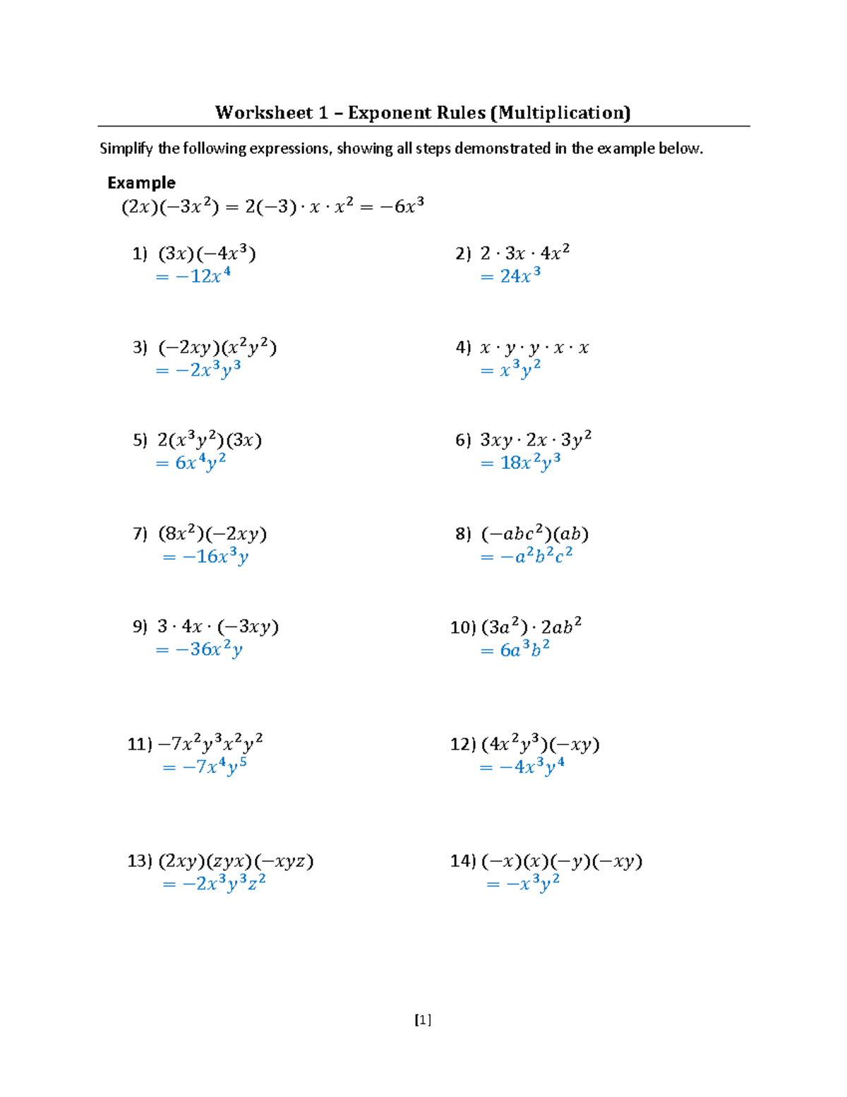 Worksheets - Week 2 - Solutions - Worksheet 1 – Exponent Rules ...