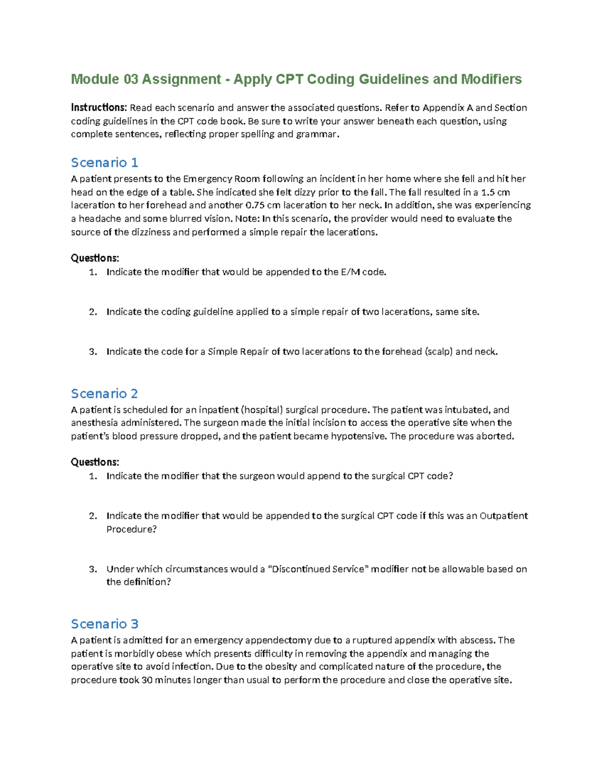 HIM1103 Mod 3 Assignment Apply CPT Coding Guidelines Modifiers Student ...