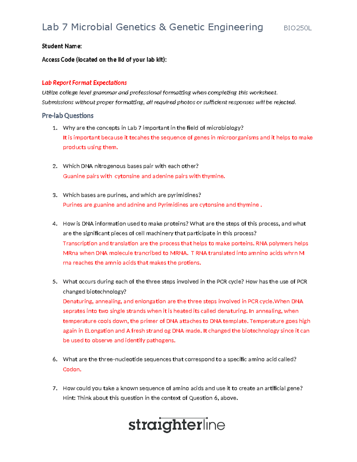 BIO250 Lab 7 1 - bio lab 7 - Student Name: Access Code (located on the lid of your lab kit): Lab ...