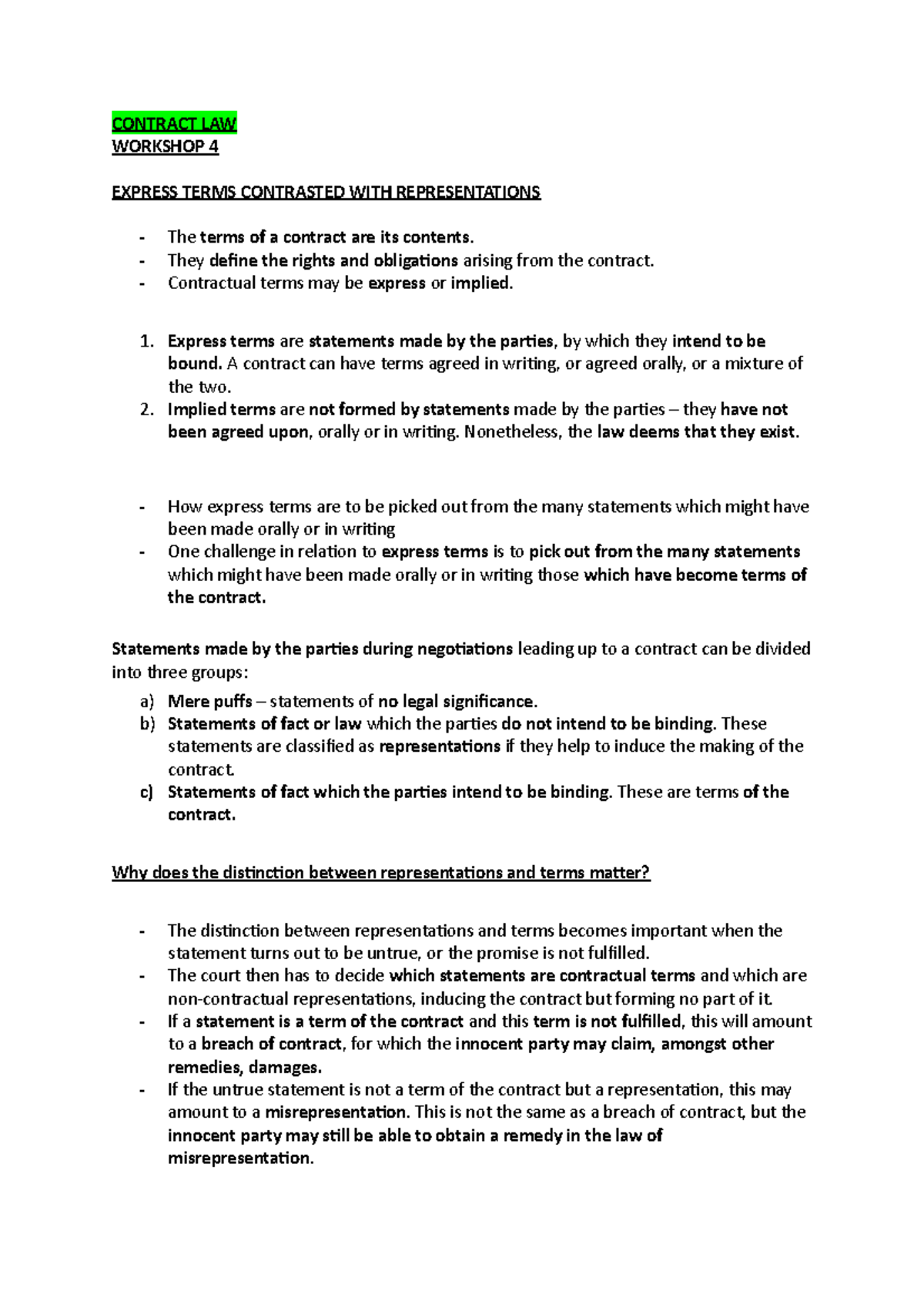 Express Terms Contrasted WITH Representations - CONTRACT LAW WORKSHOP 4 ...