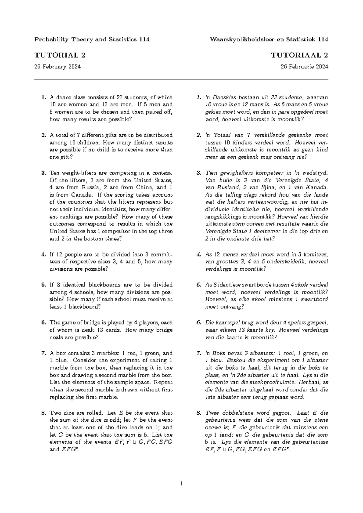 Tut-02 980a61558 ff6d98ce8989eec25ac6b70 - Probability Theory and Statistics 114 - Studocu