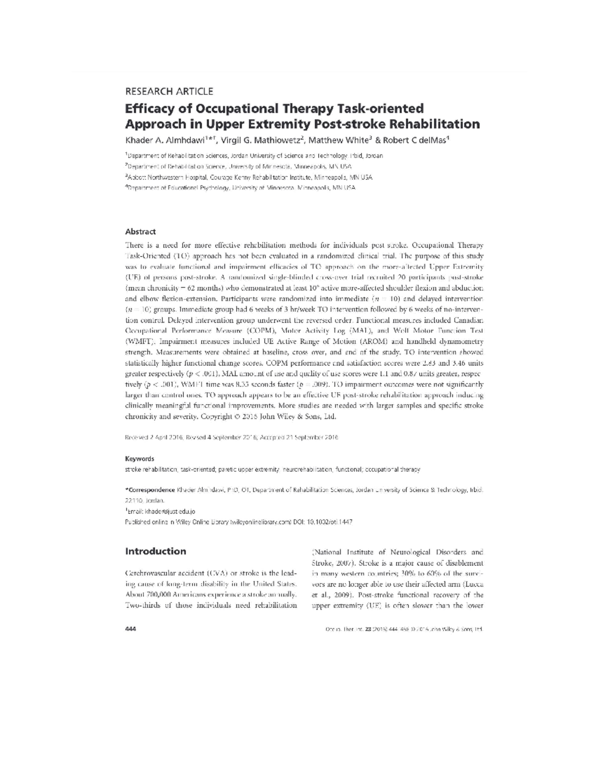 Efficacy of Occupational Therapy Task-oriented Approach in Upper Extremity Post-stroke - Studocu