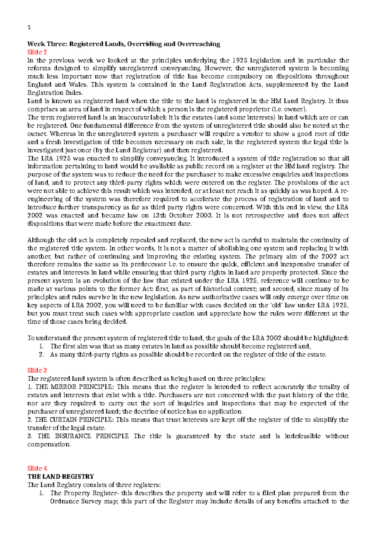 Week 3 Notes Registered Land Overriding and Overreaching - Week Three ...