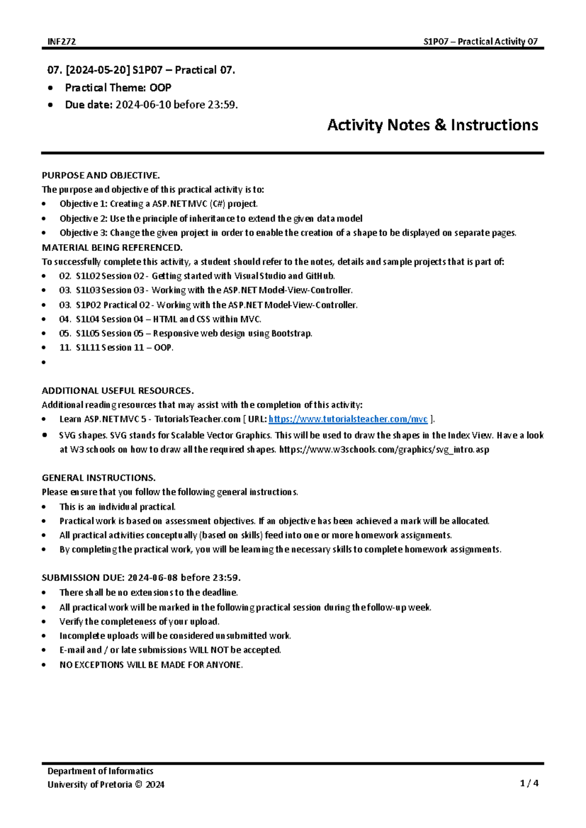 S1P07 INF272 Practical 07 - Department of Informatics 07. [202 4 -0 5 - 20 ] S1P07 – Practical ...