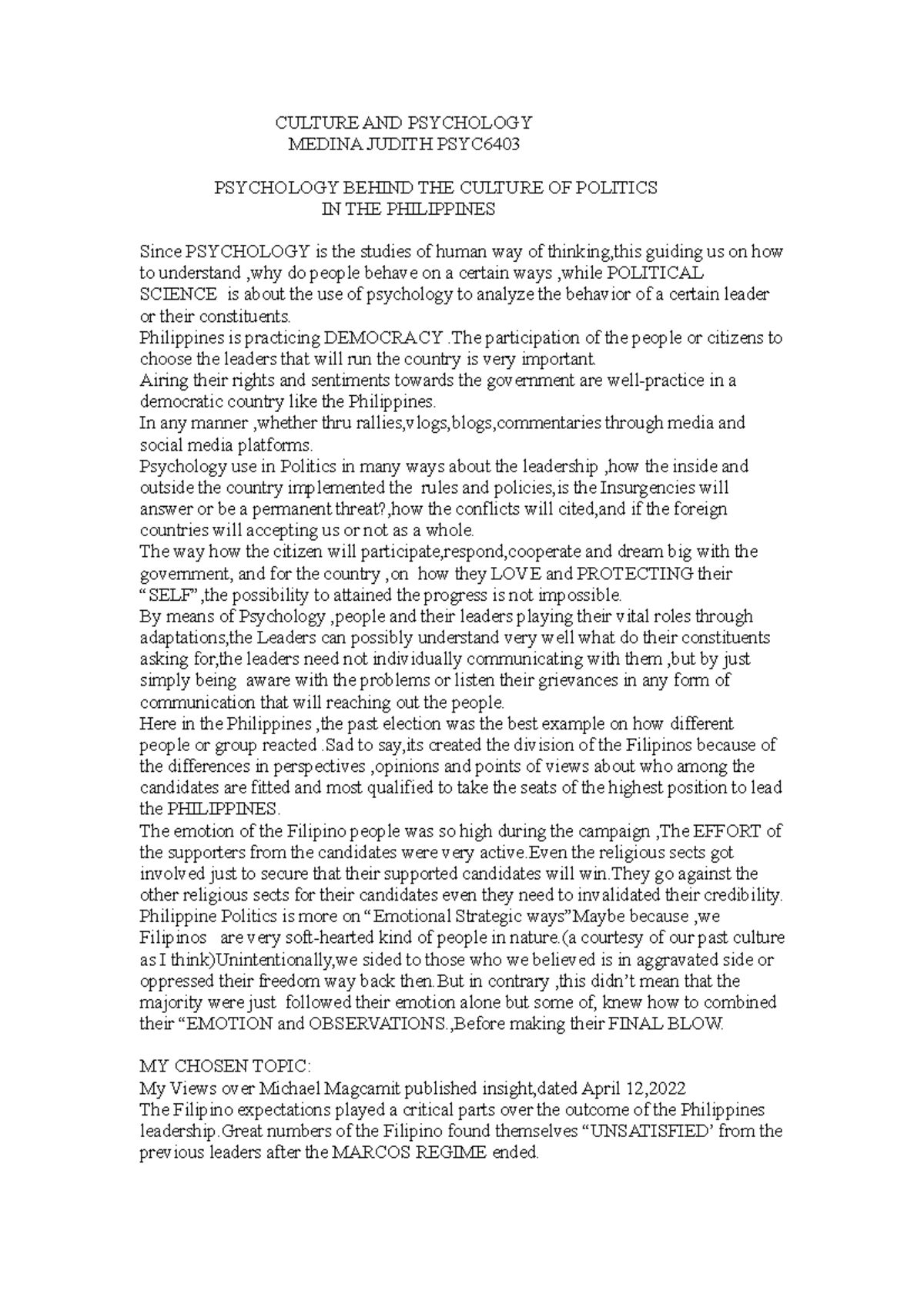 Culture AND Psychology course project - CULTURE AND PSYCHOLOGY MEDINA ...