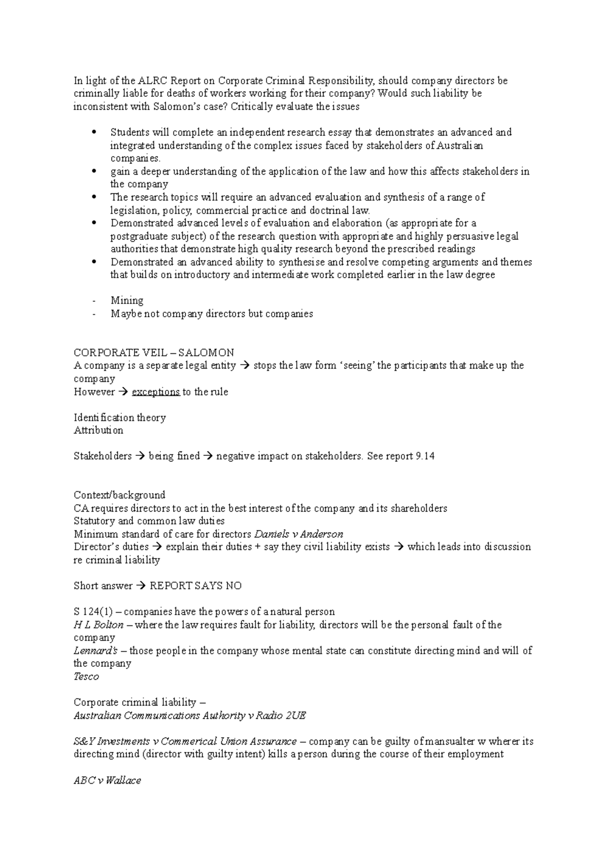 Company law essay notes - In light of the ALRC Report on Corporate ...