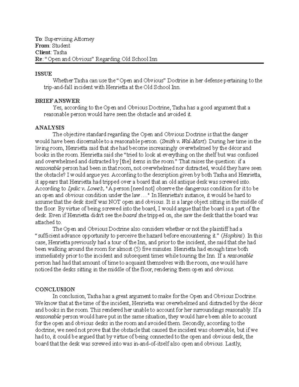 ITP Final Example - To: Supervising Attorney From: Student Client ...