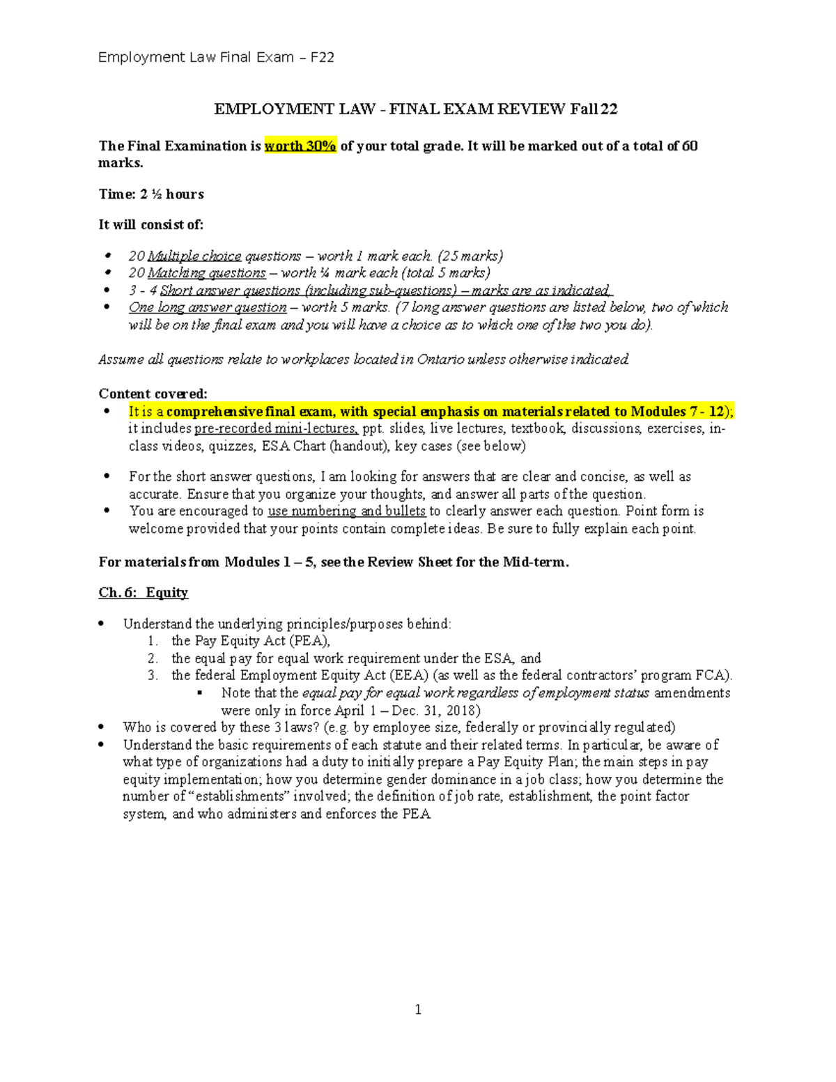 Employment Law Final Exam Review - Studocu