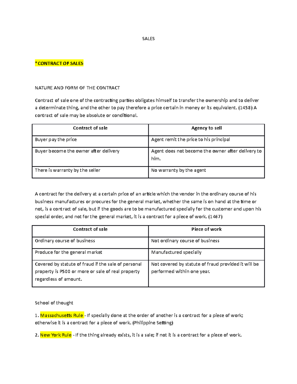 Contract OF Sales - PART 1 - SALES *CONTRACT OF SALES NATURE AND FORM ...