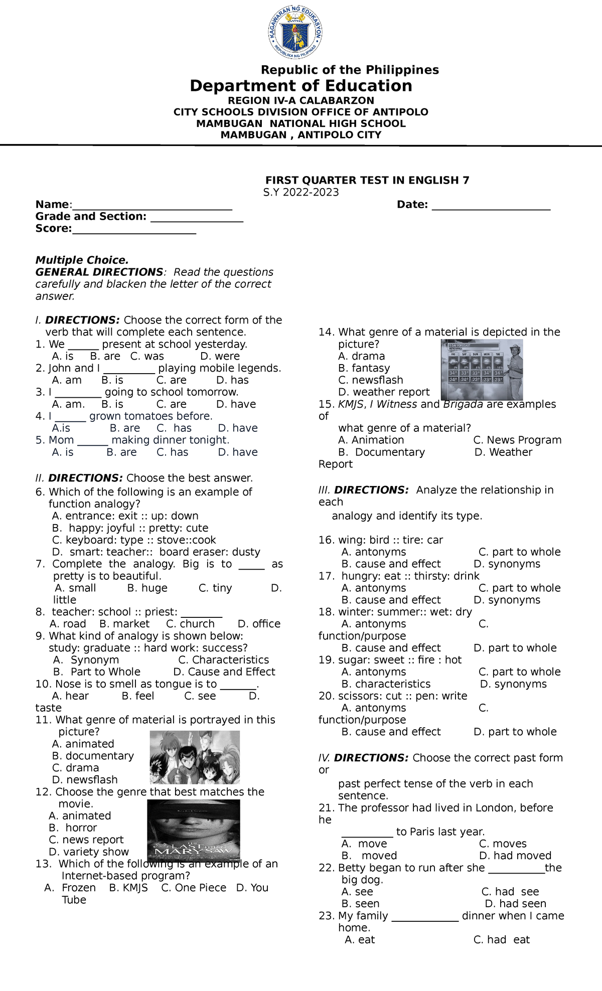 G7 English First Quarterly Test - Republic of the Philippines ...
