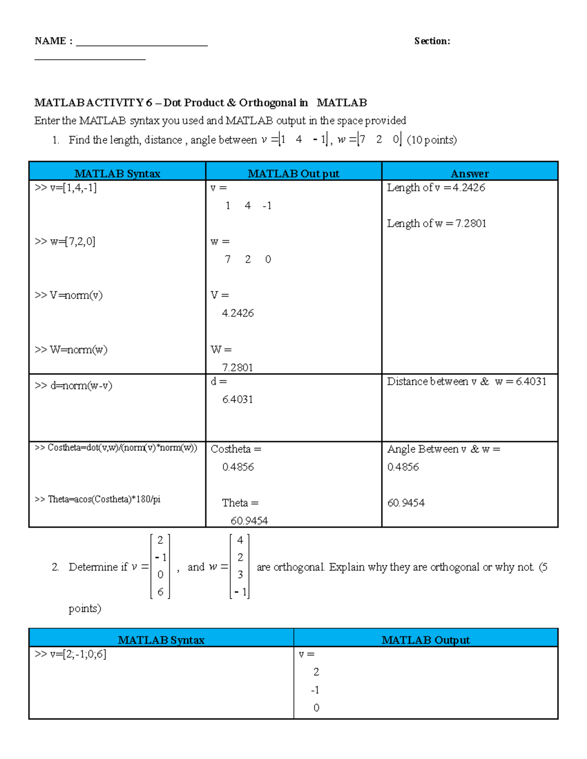 Act-6 - n/a - NAME : _________________________ Section: MATLAB ACTIVITY 6 – Dot Product & - Studocu